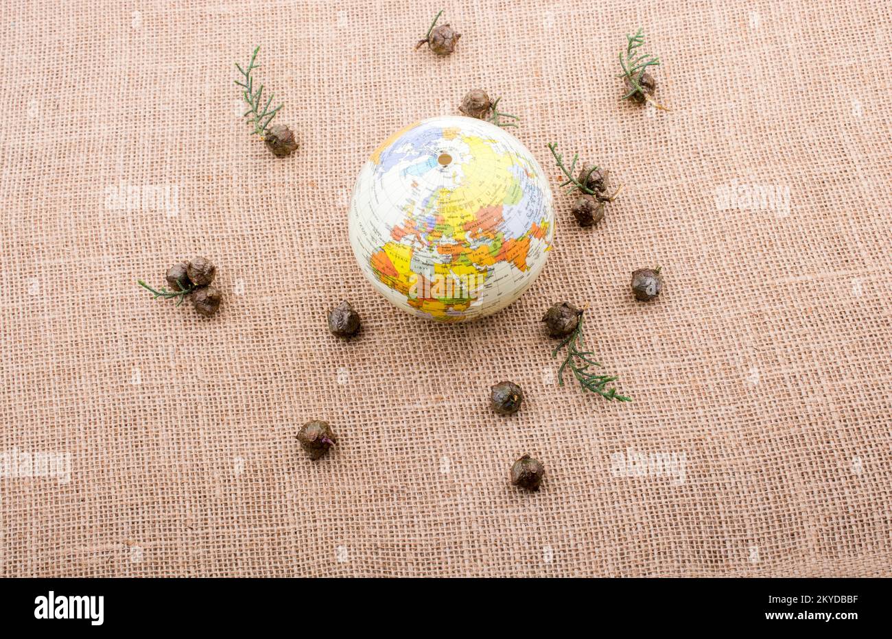 Globe is placed on canvas with cones around Stock Photo - Alamy