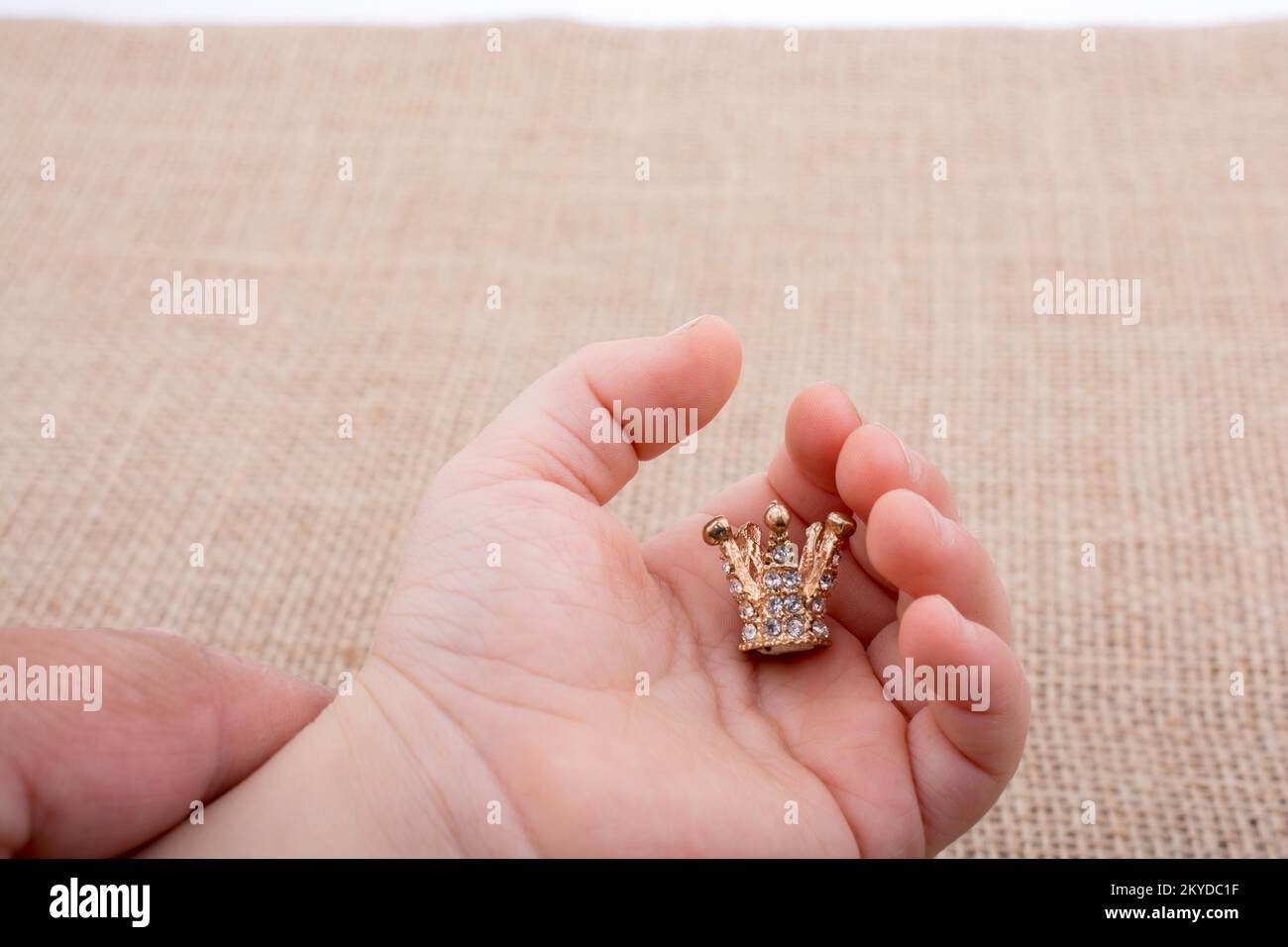 Hand holding a little model crown in hand Stock Photo - Alamy