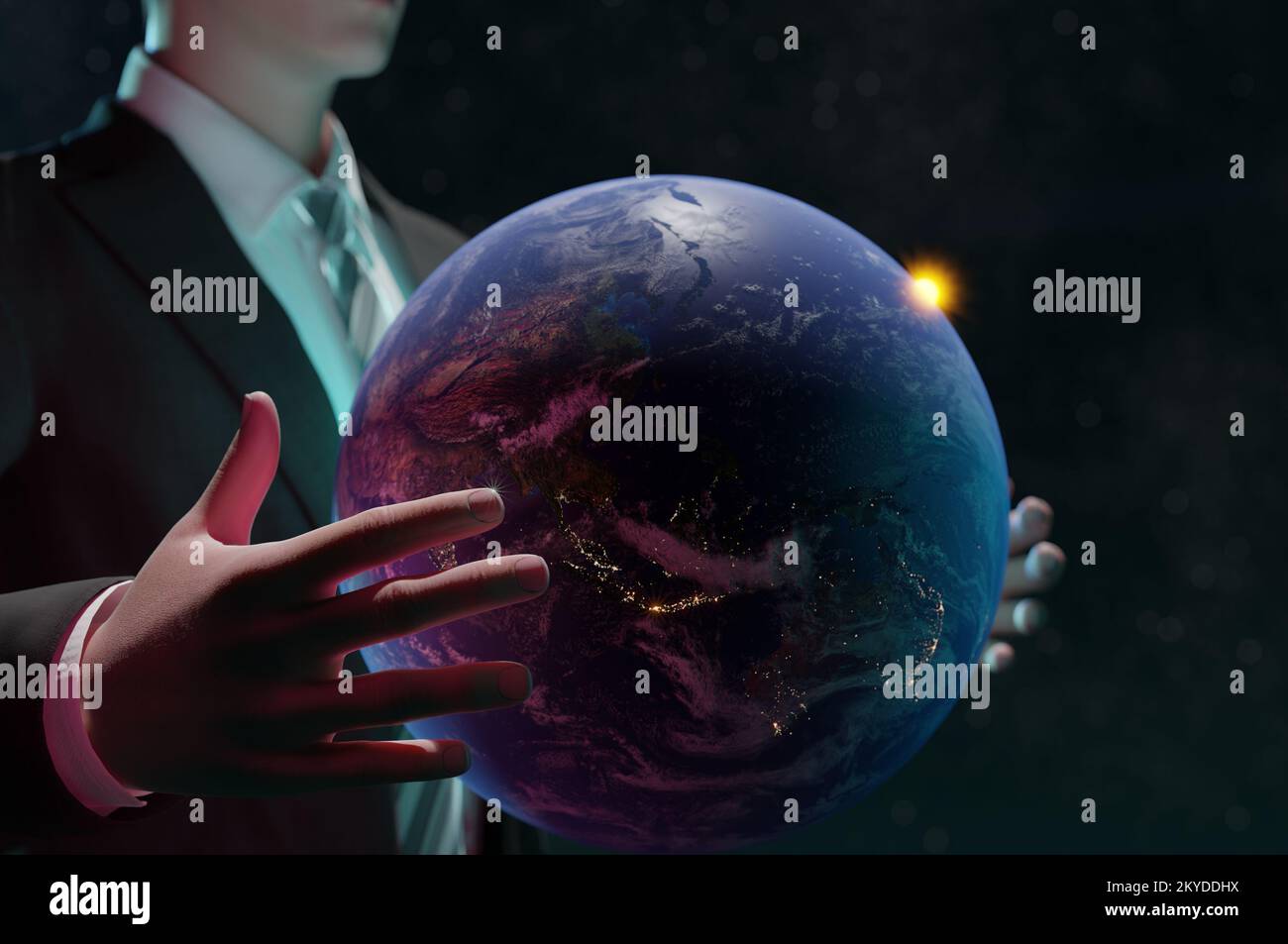3D Illustration , 3d rendering . Close up of businessman holding world ...