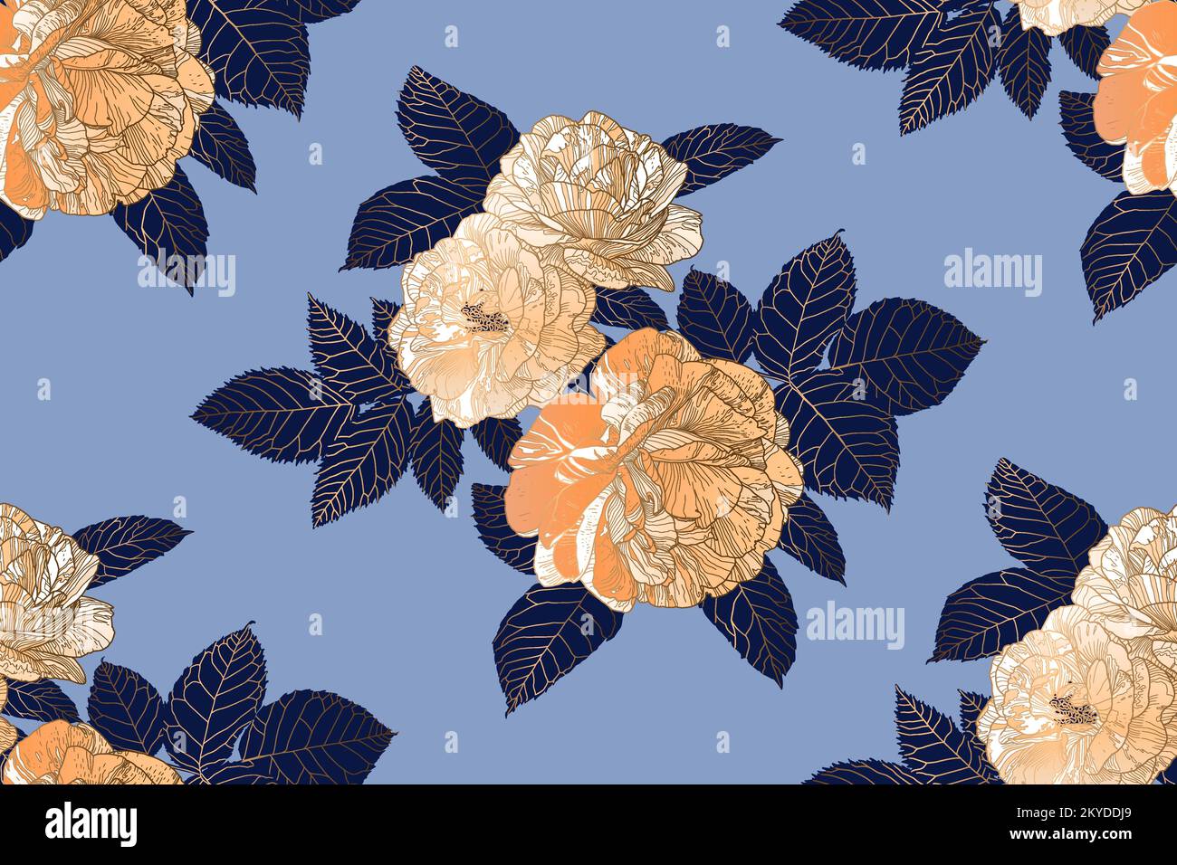 Floral seamless pattern of roses and leaves in creame, sandy brown and ...