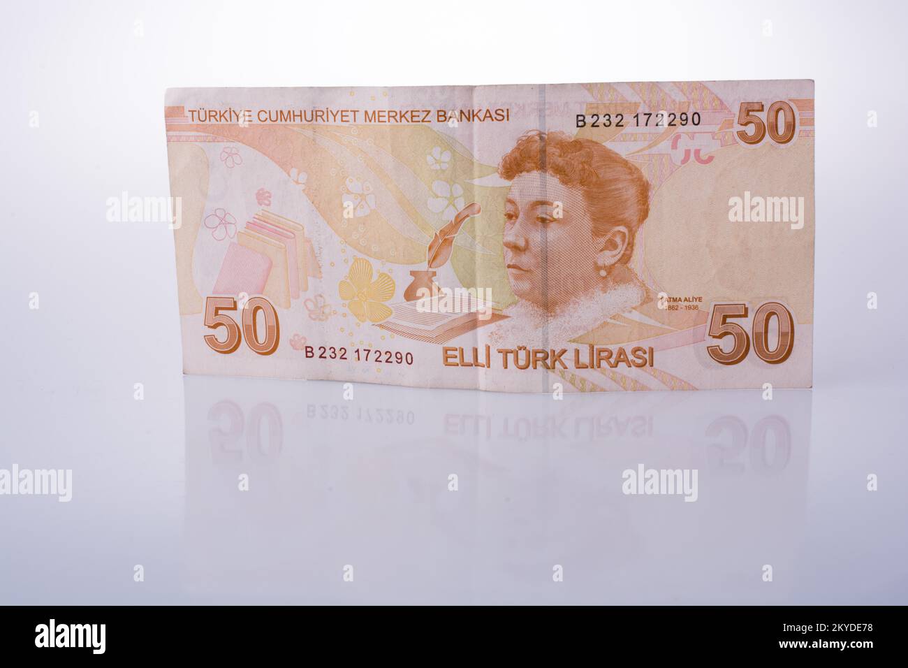 Turksh Lira banknotes of 50 Lira on white background Stock Photo - Alamy