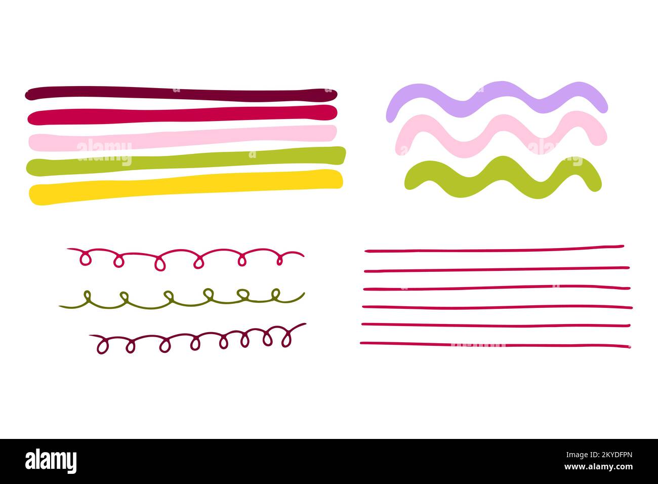 Vector doodle wave curl, straight lines. Pink, green color brush ...