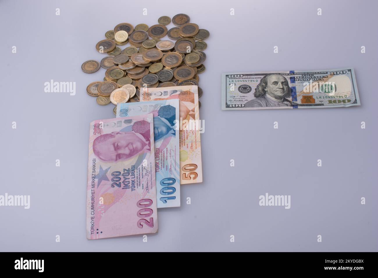 American dollar and Turksh Lira banknotes and coins side by side Stock ...