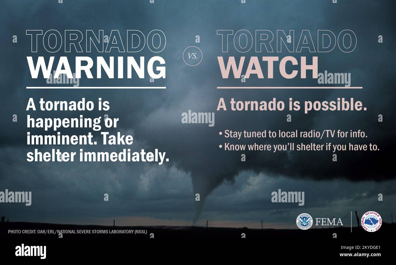 This graphic explains the difference between a tornado warning and a tornado watch, and provides ...