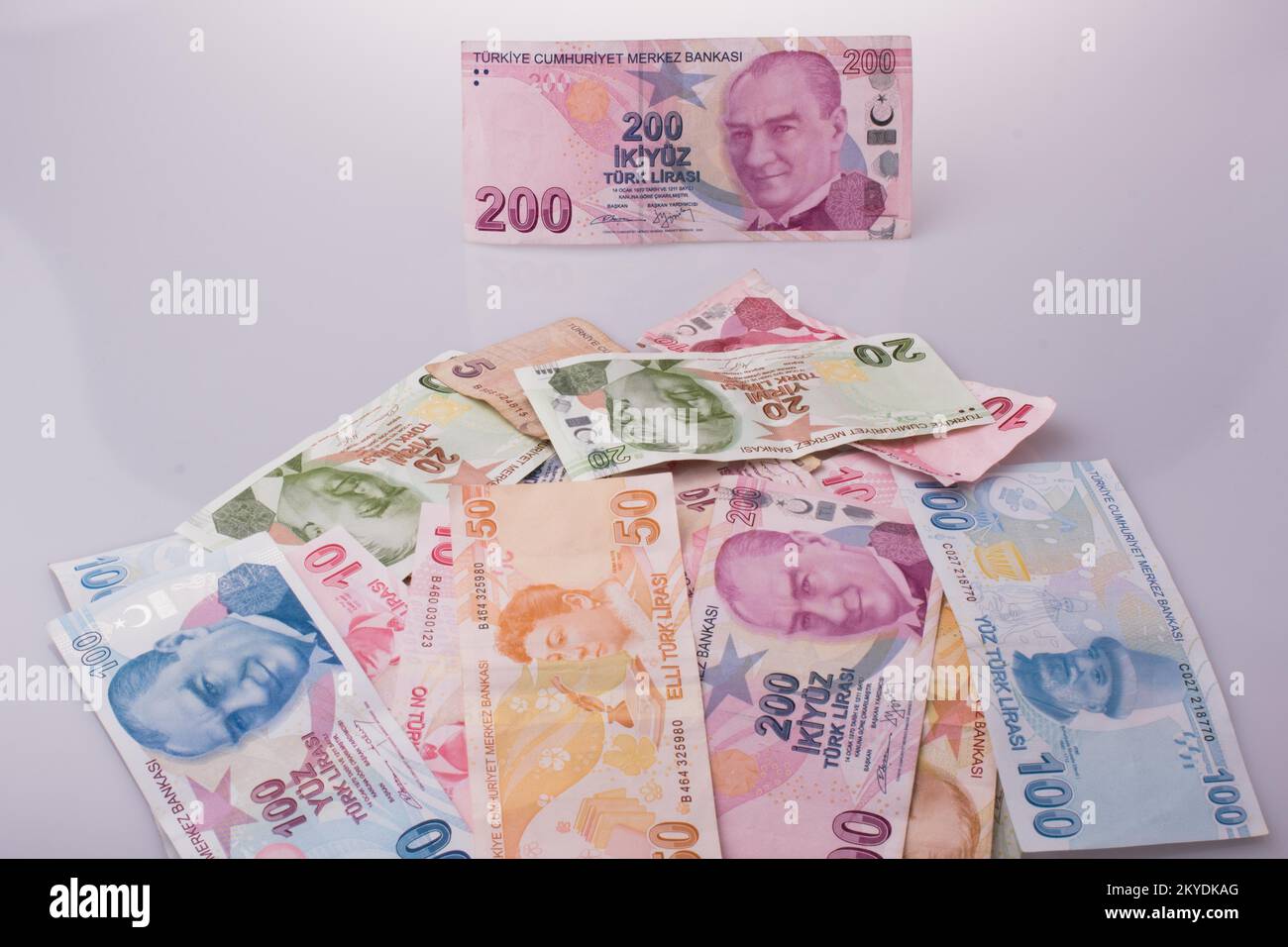 Turksh Lira banknotes of various color, pattern and value on white ...
