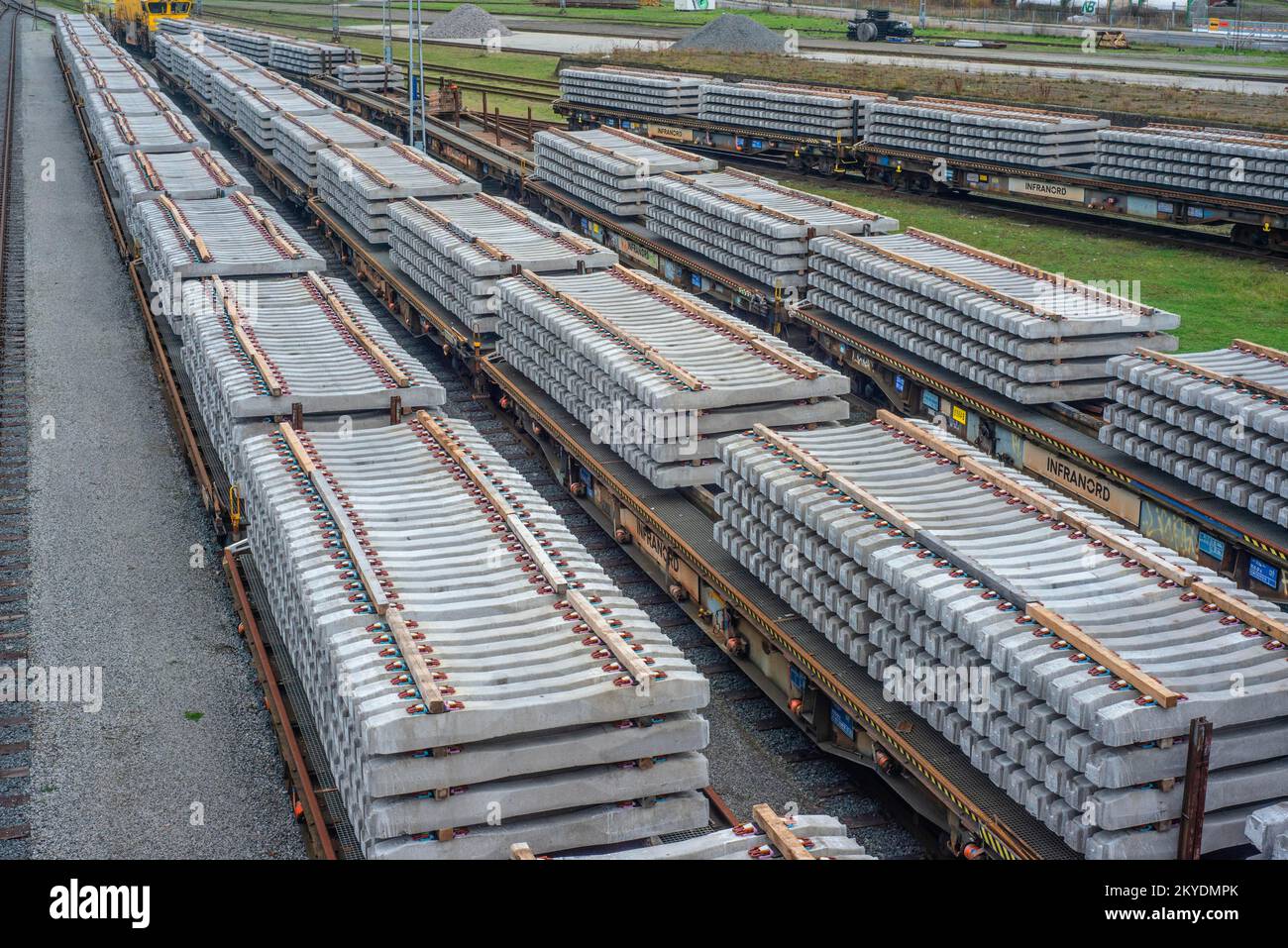 Rows of railway wagons at the railway yard in Ystad, which are loaded ...