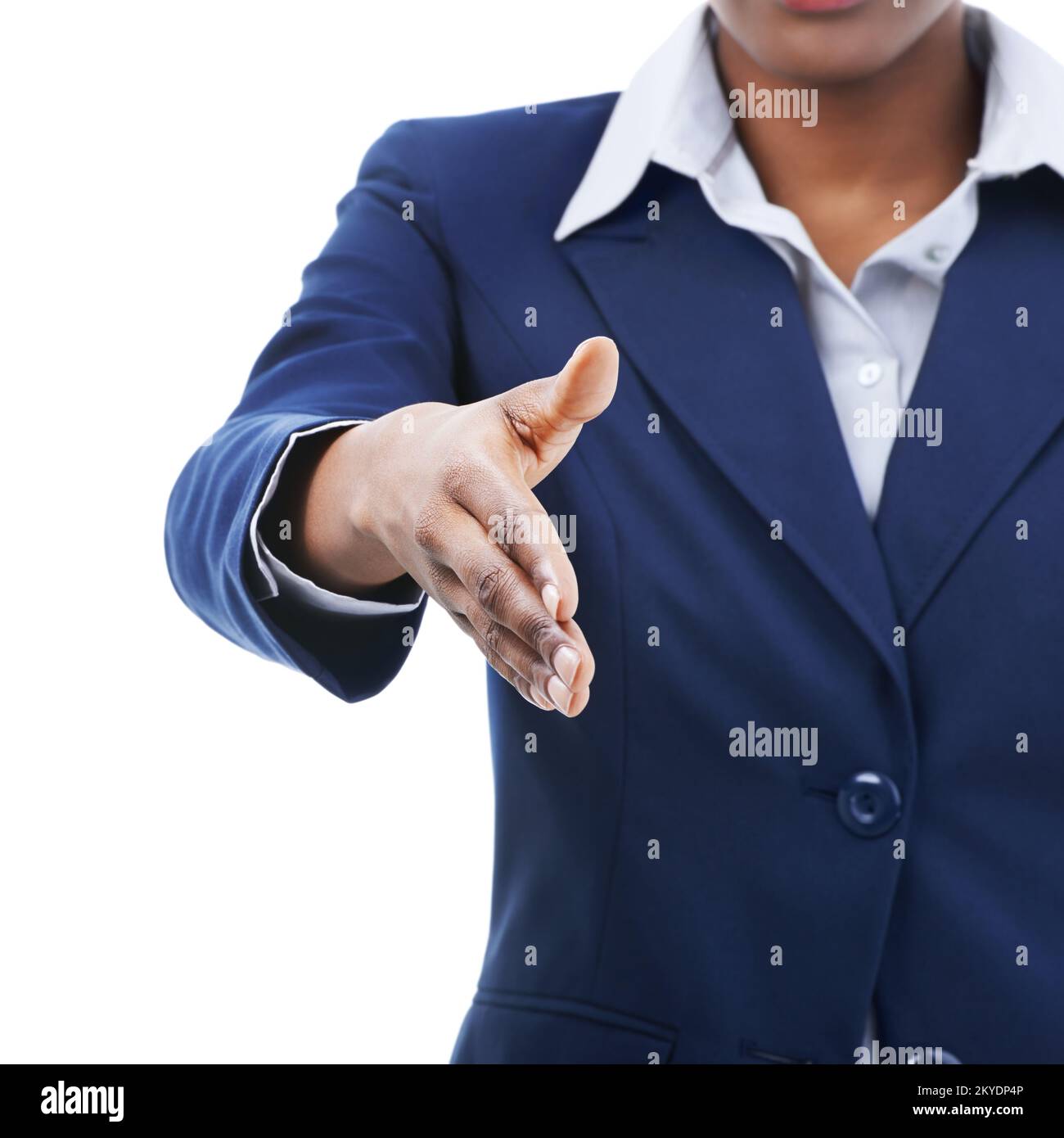 Lets shake on it. A happy young woman extending her hand for a ...