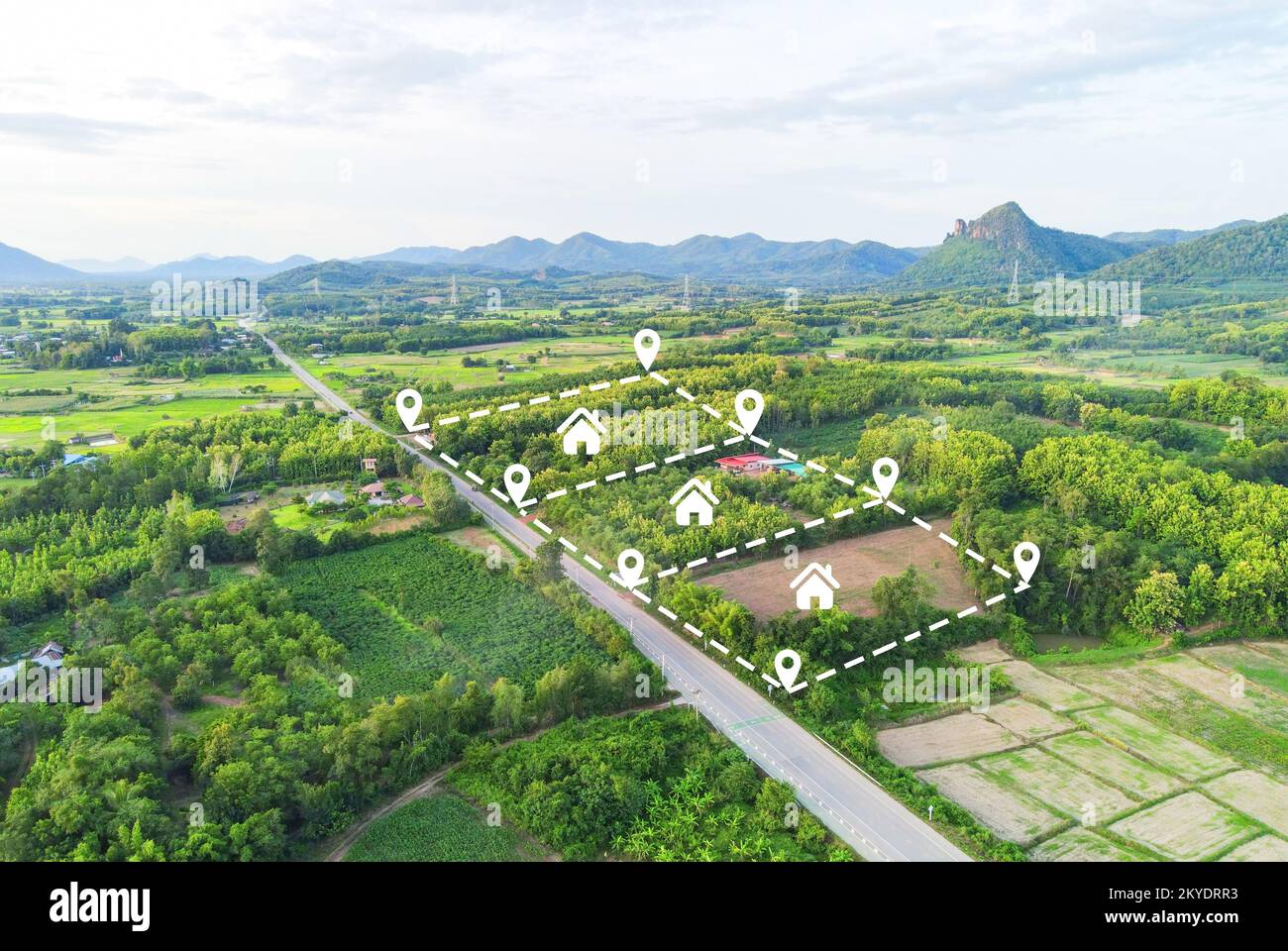 Land plot for building house aerial view, land field with pins, pin ...