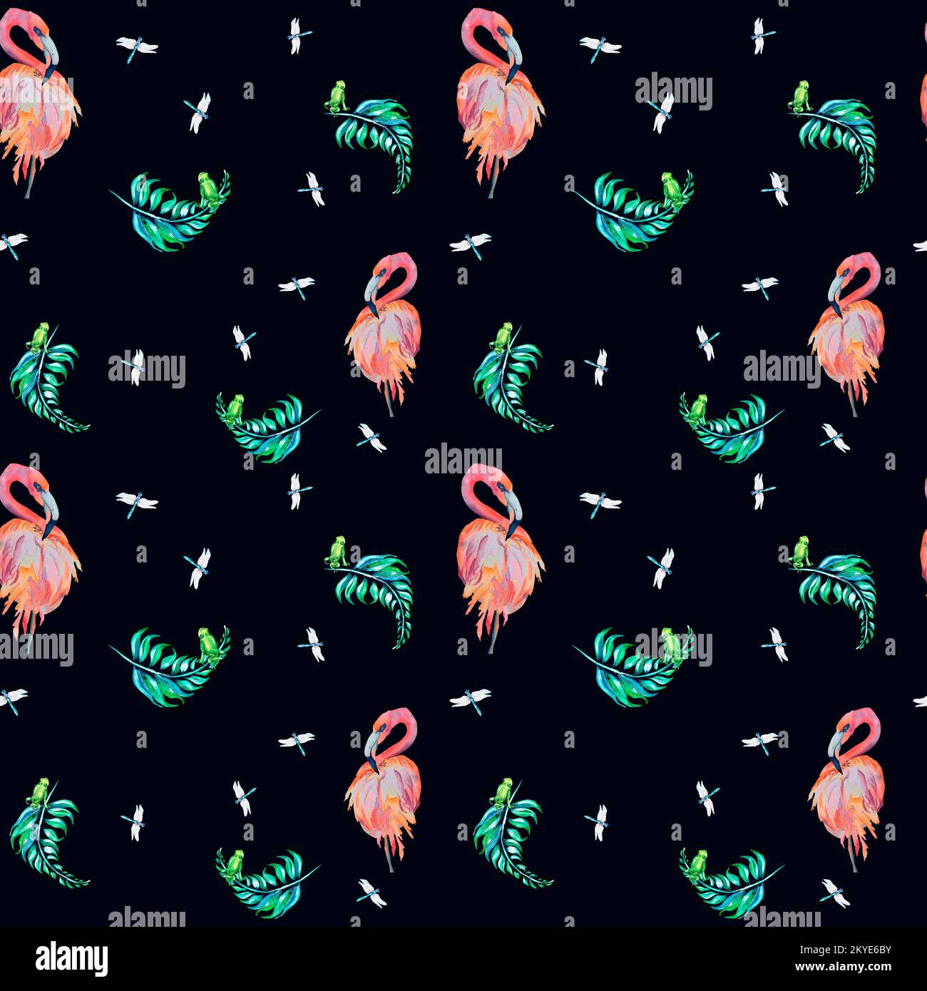 Tropical birds flamingo and palm leaves watercolor seamless pattern on ...