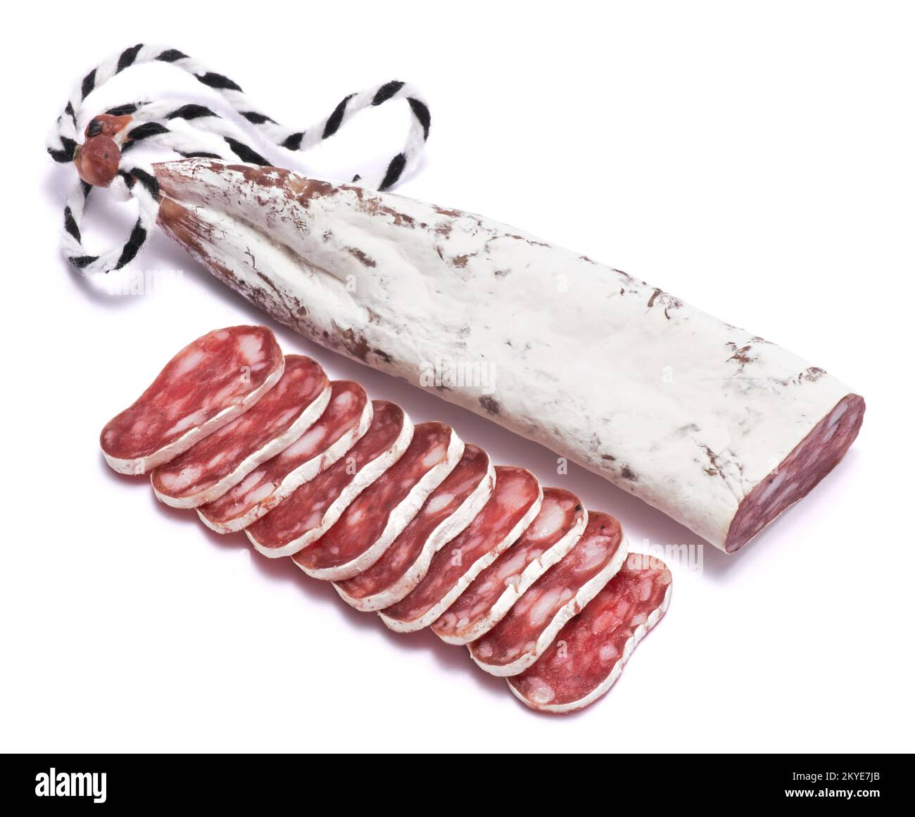 Spanish Fuet thin dried salami sausage isolated on a white background ...