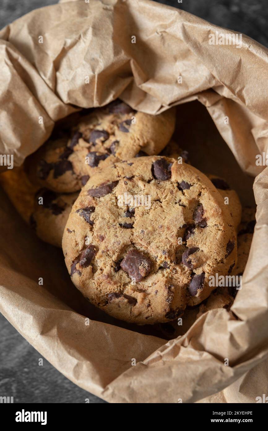 Chocolate chip cookies in a brown paper bag. Eco friendly recycling ...