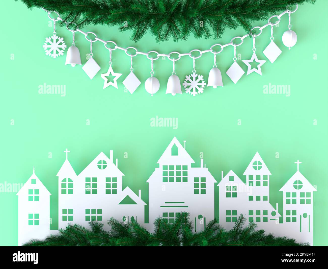 Happy new year and Merry Christmas postcard. Paper cut houses on green ...