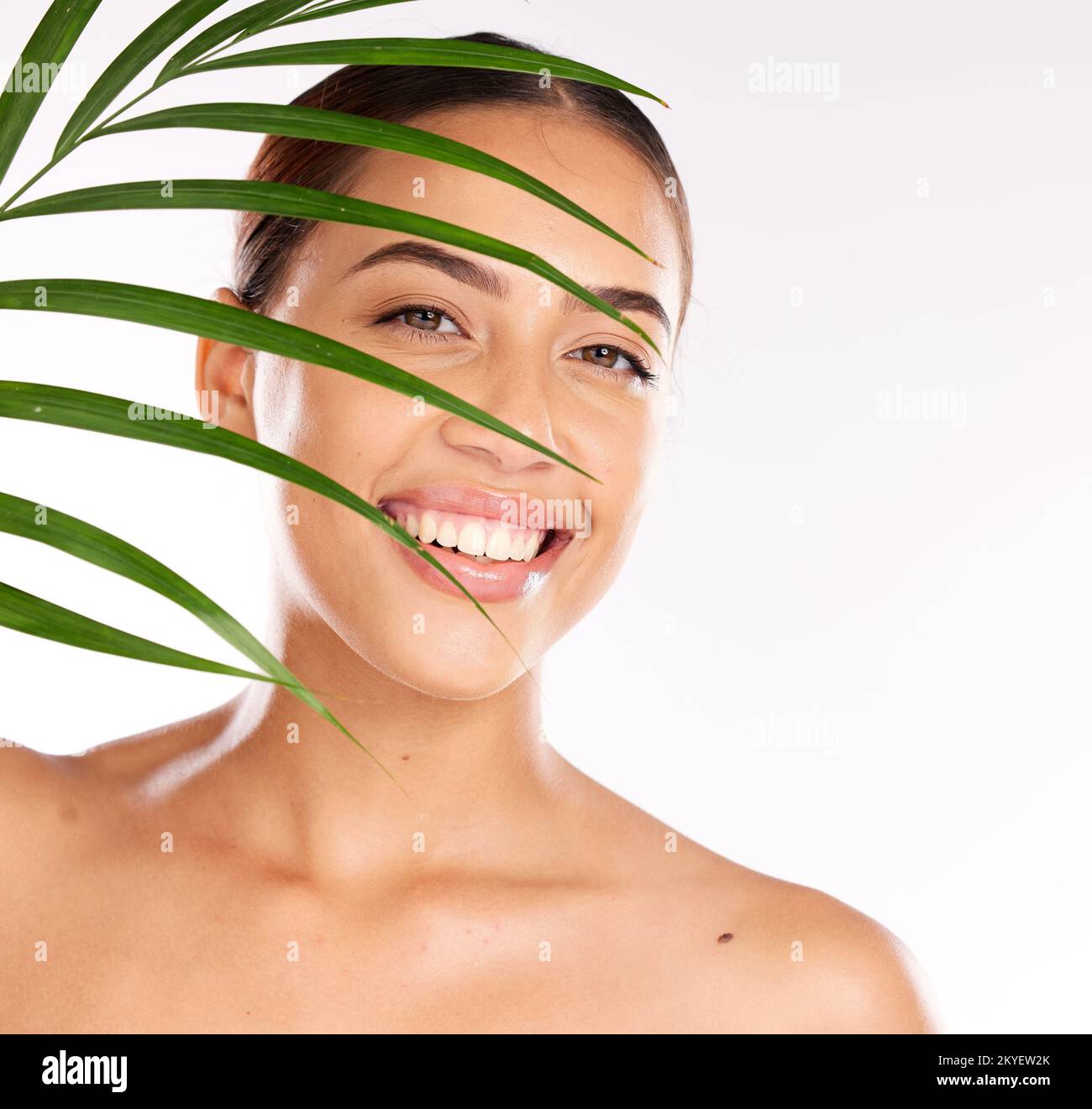 Leaf, skincare and natural cosmetic beauty of a woman portrait happy ...