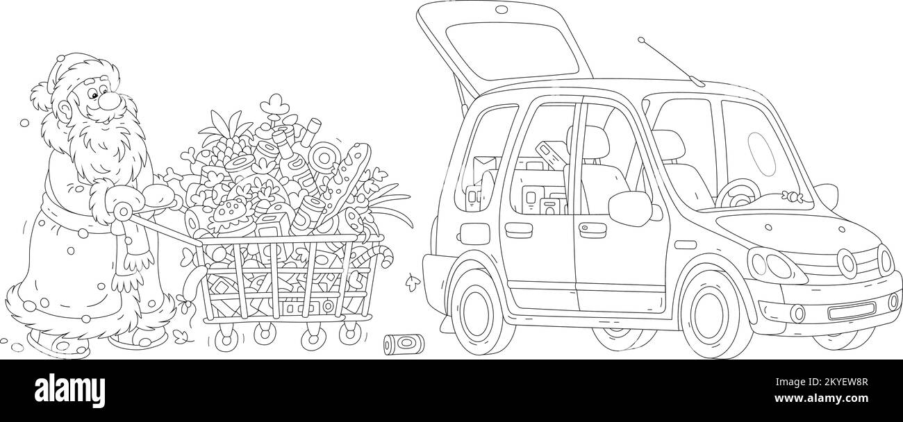 Happy Santa Claus walking to his small car with a shopping cart full of ...