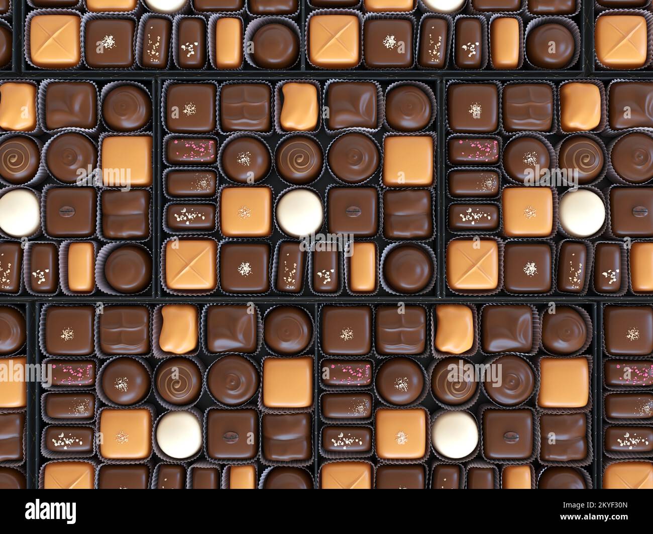 Box with chocolate candies rows. Assortment of chocolate candies, white ...