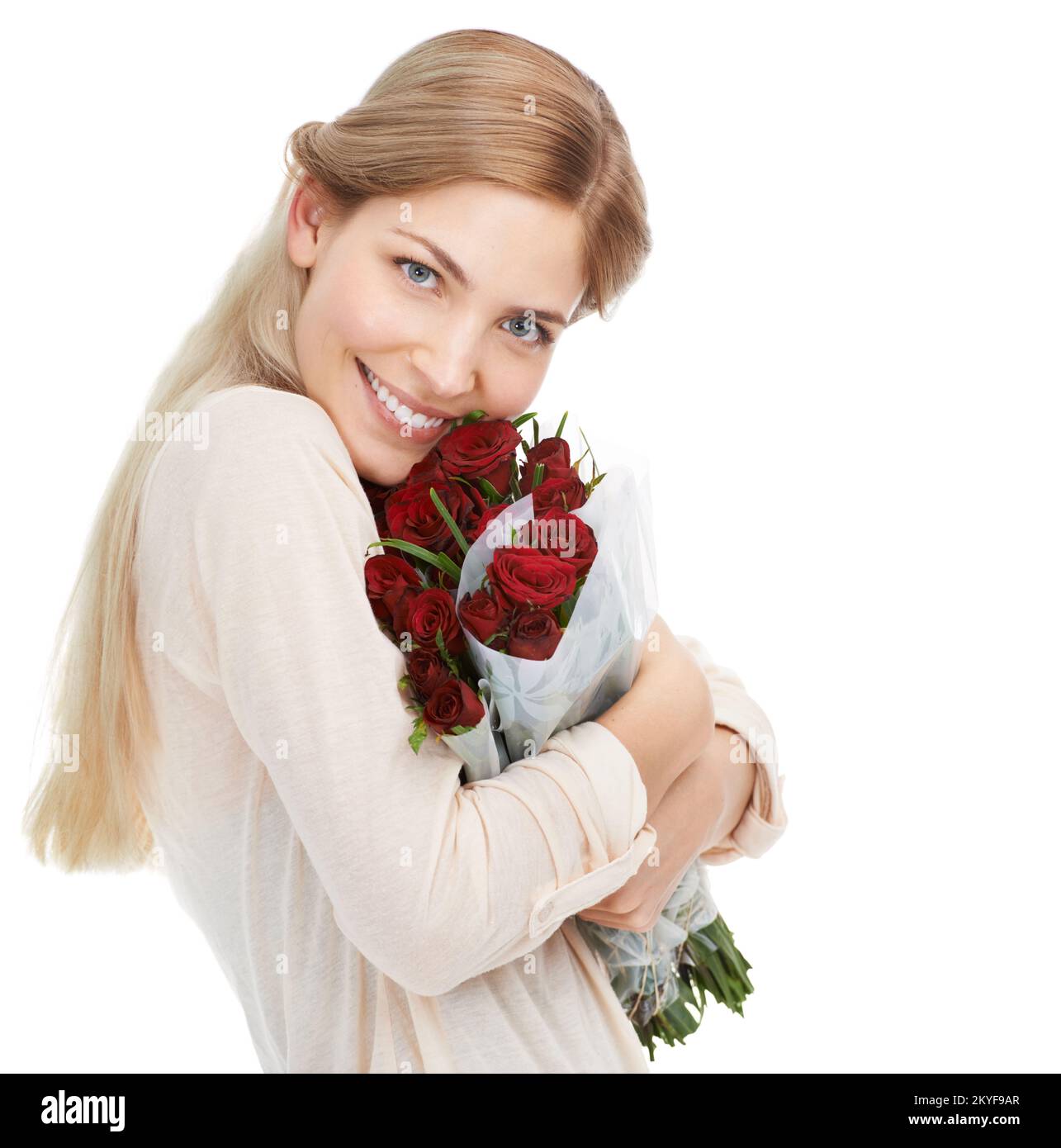 Smiling lady red rose looking hi-res stock photography and images - Alamy