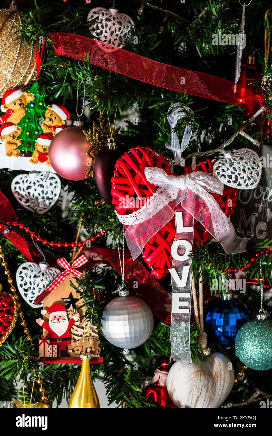 Beautiful Christmas ornaments and decorations hanging in the Christmas ...