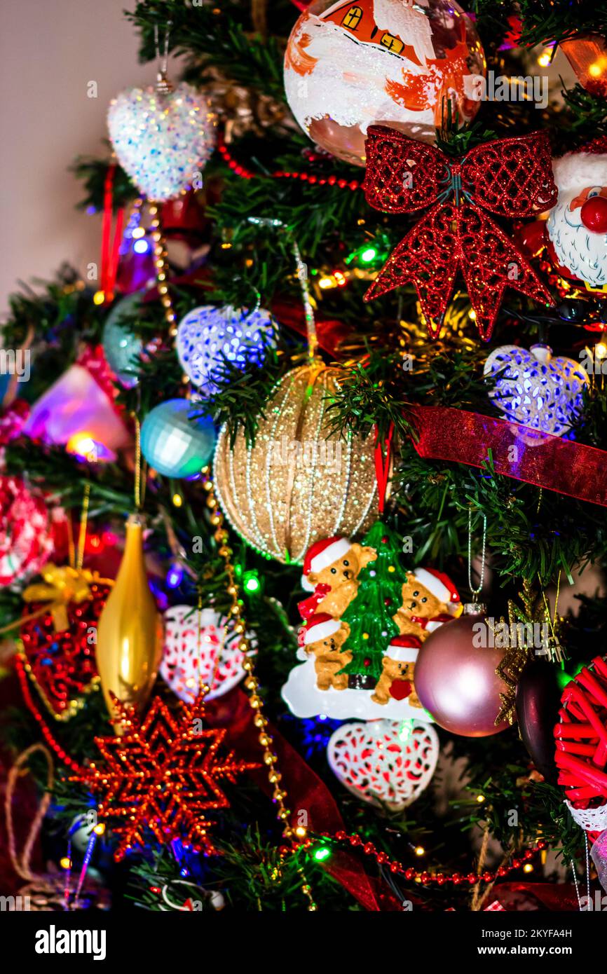 Beautiful Christmas ornaments and decorations hanging in the Christmas ...