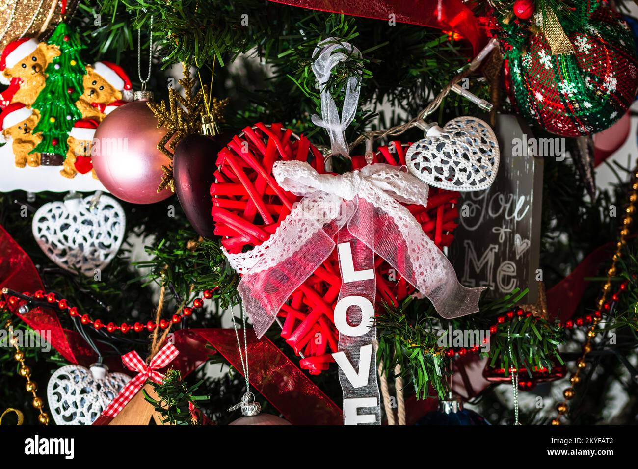 Beautiful Christmas ornaments and decorations hanging in the Christmas ...