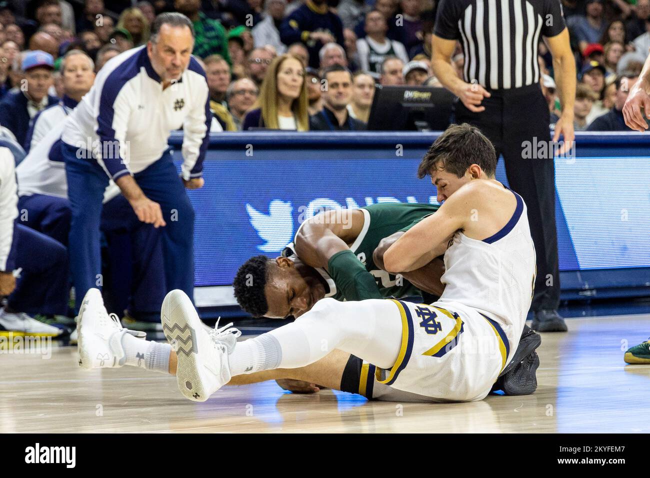 South Bend, Indiana, USA. 30th Nov, 2022. Michigan State guard Walker Tyson (2) and Notre Dame ...