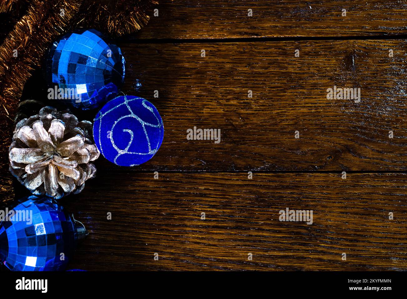Christmas decorations on wooden board. Christmas concept. Pine cone and ...