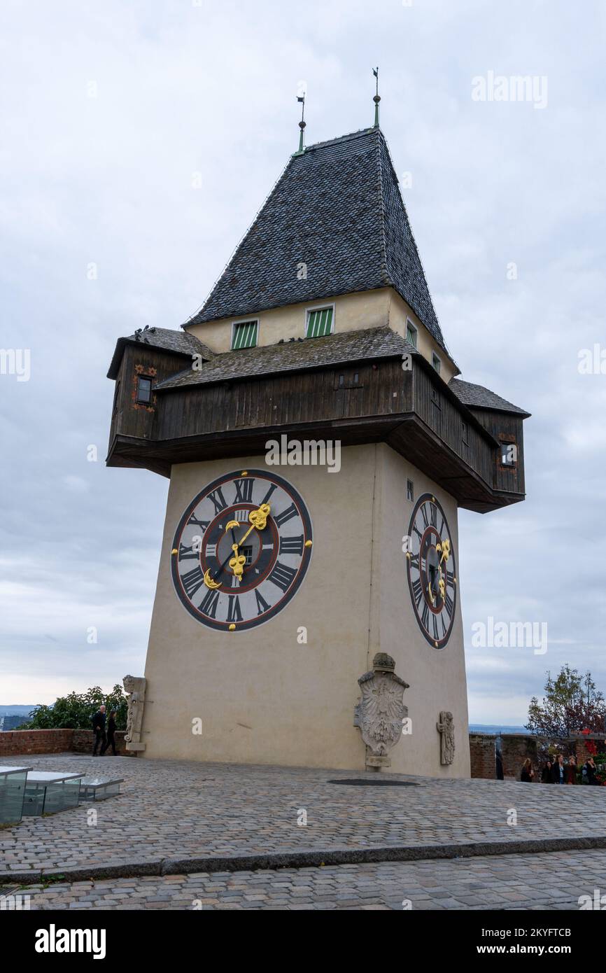 Graz, Austria - 9 October, 2022: view of the landmark medieval clock ...