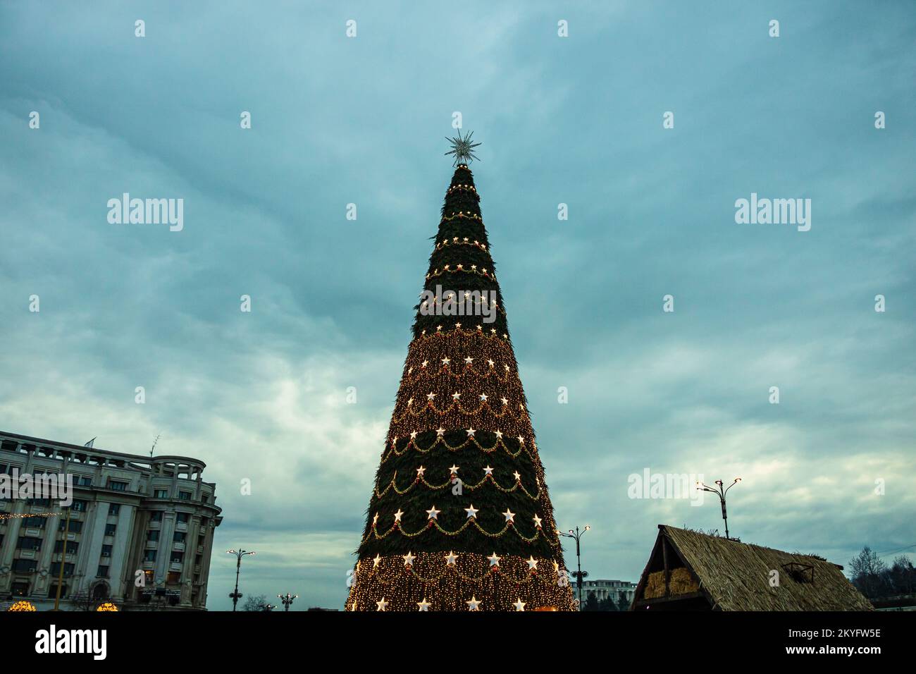 Bucharest Christmas market - Detail of Christmas tree Stock Photo - Alamy