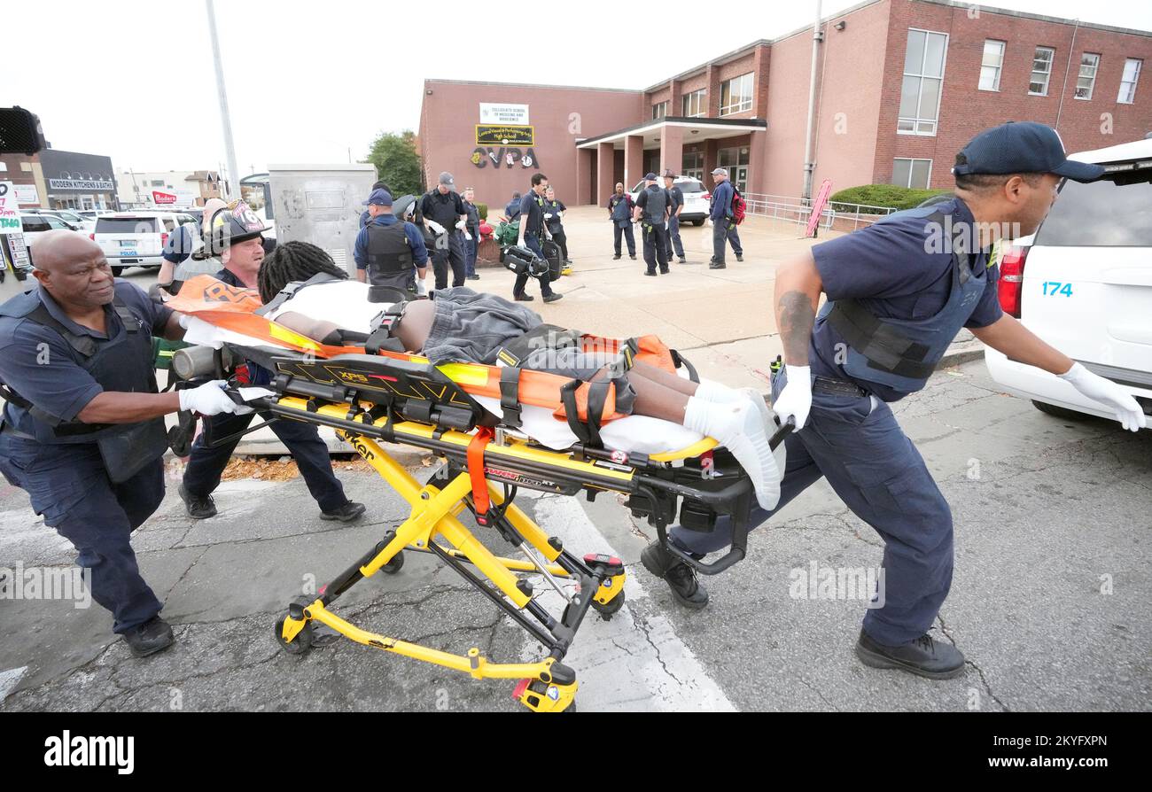 St. Louis, United States. 24th Oct, 2022. St. Louis firefighters convey ...