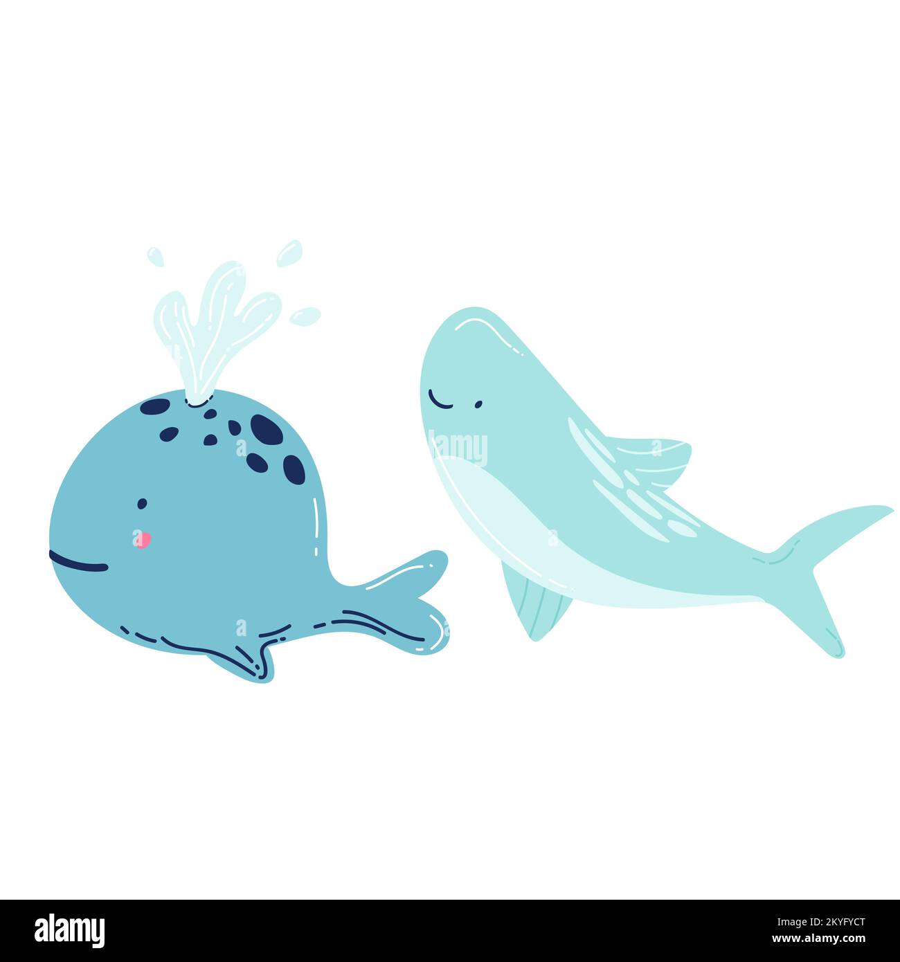 Set of marine mammals blue whales, sharks, sperm whales, dolphins ...