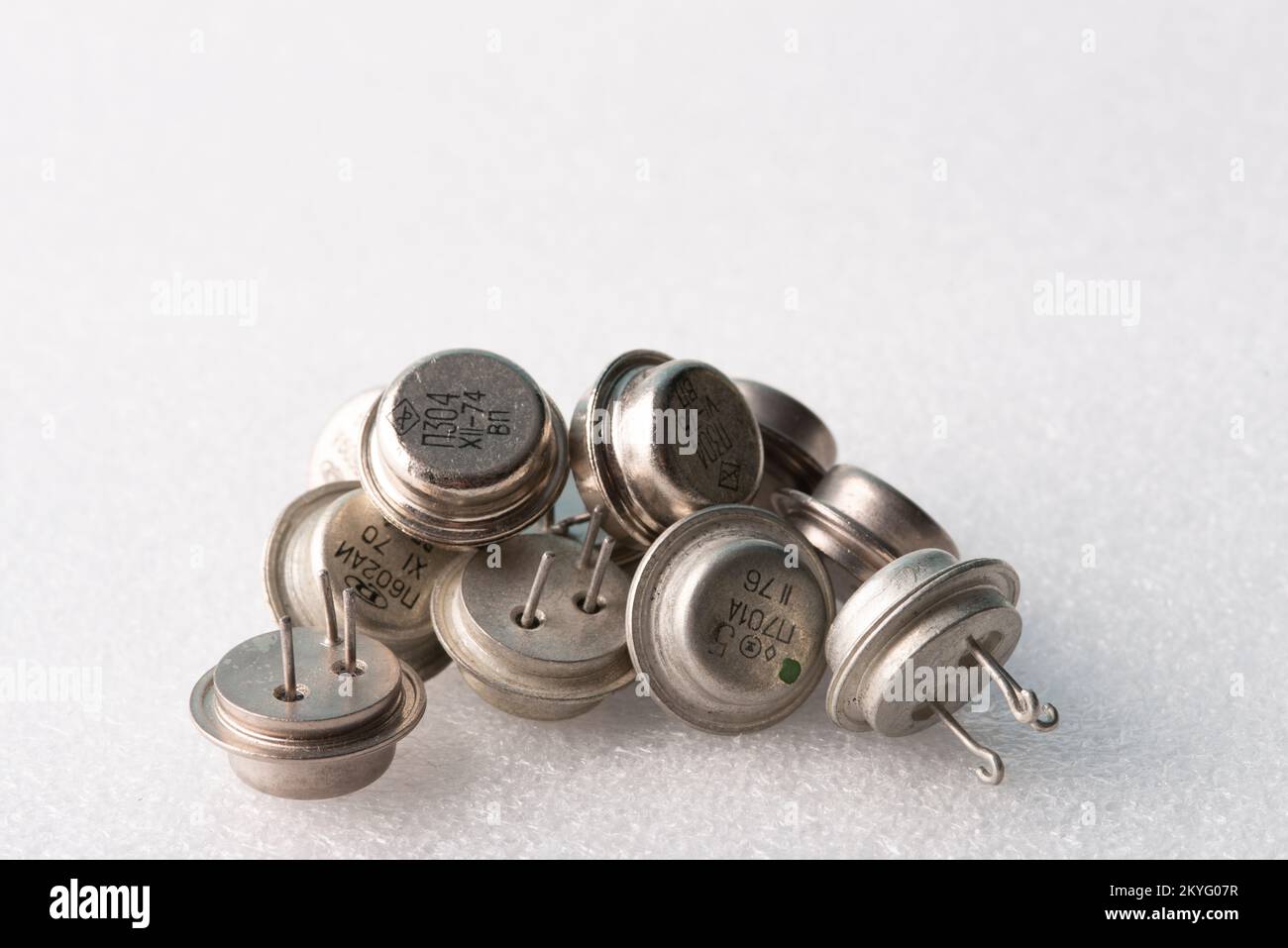 Old semiconductor transistors from Soviet technology on a white ...