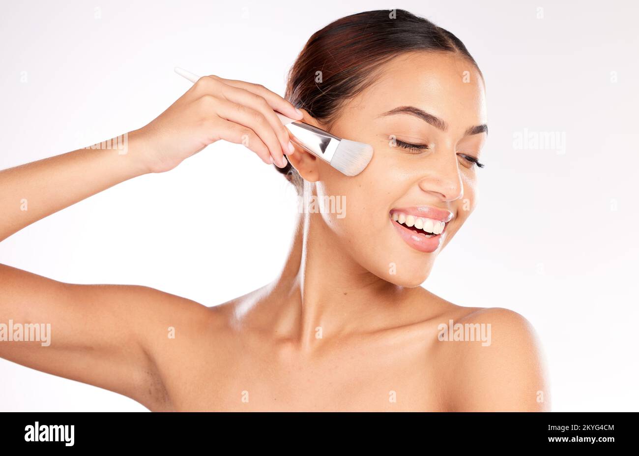 Woman, makeup face brush and skincare beauty of a model from Brazil ...