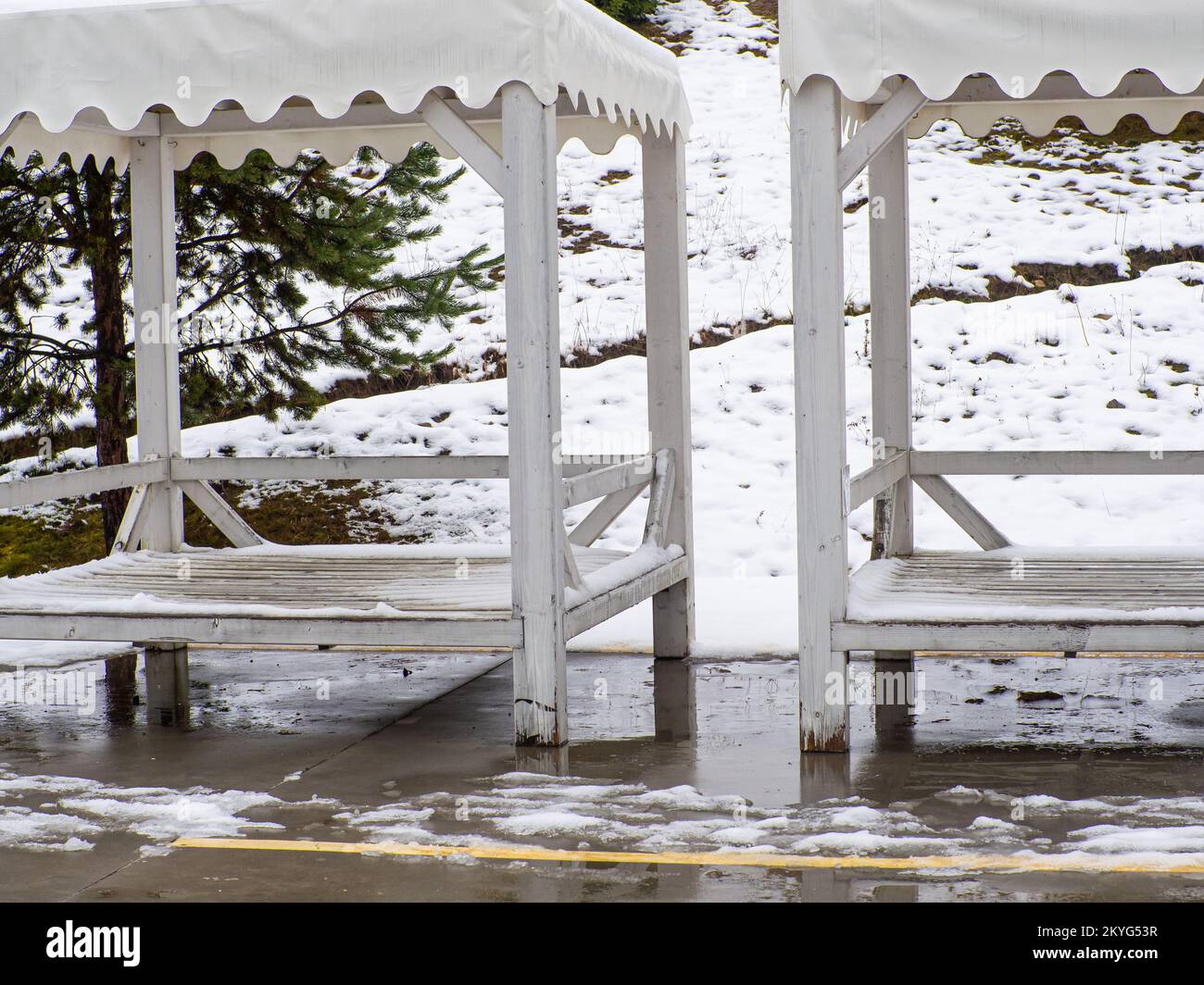 Empty sun loungers stand under a canopy Stock Photo - Alamy