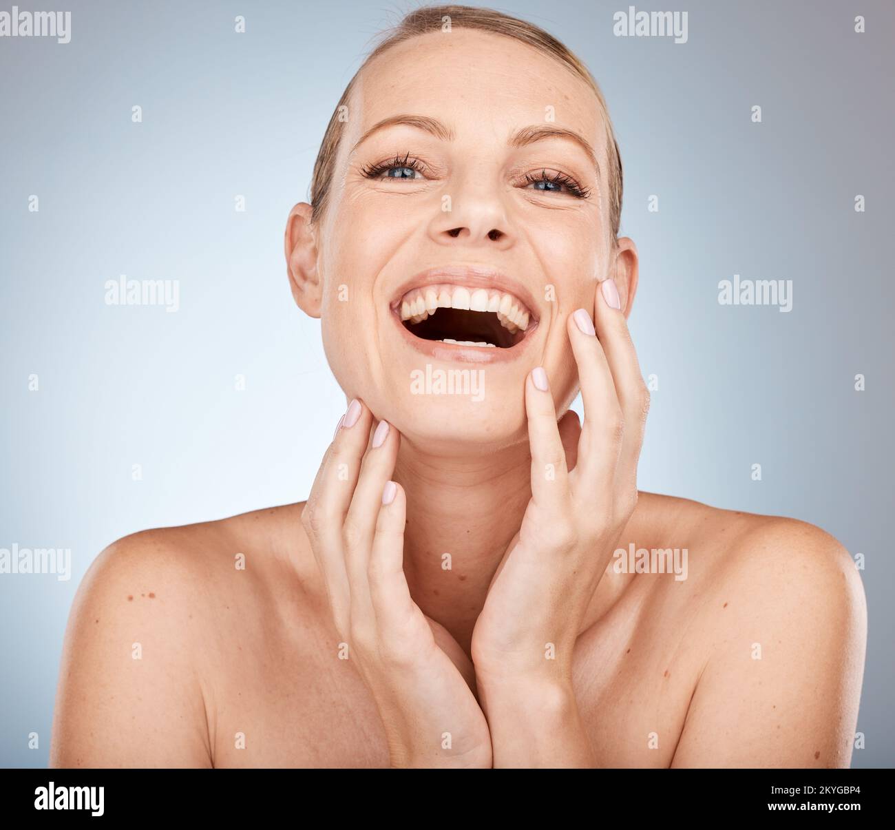 Woman, laugh or skincare face glow on grey studio background mock up in ...