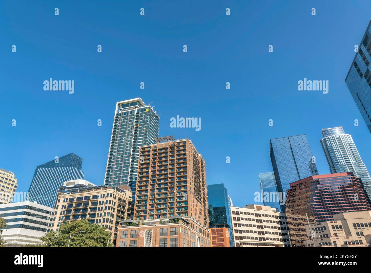 Austin, Texas- Cityscape in a low angle view against the blue sky ...