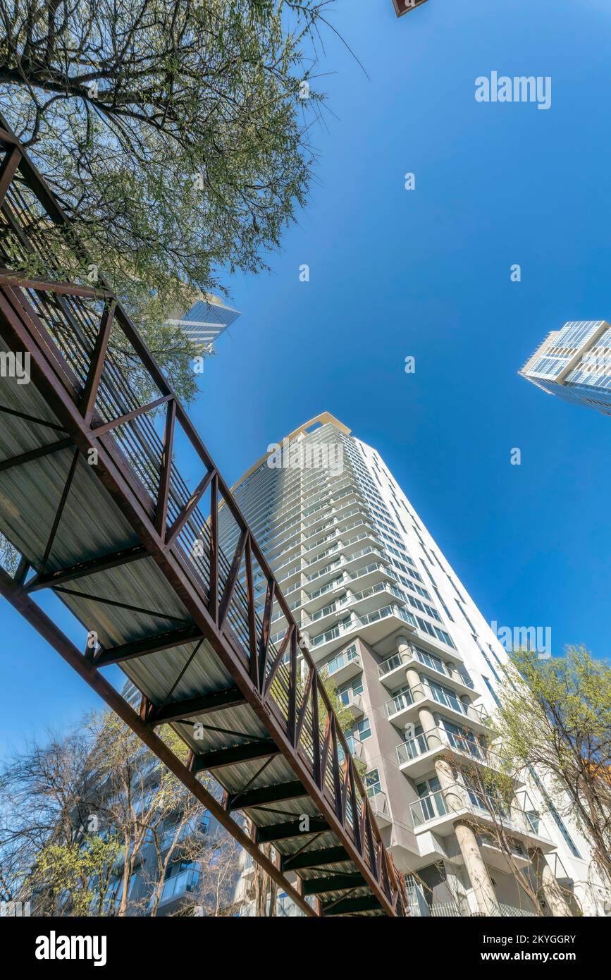 Downtown Austin, Texas- Footbridge in a low angle view near tge high ...