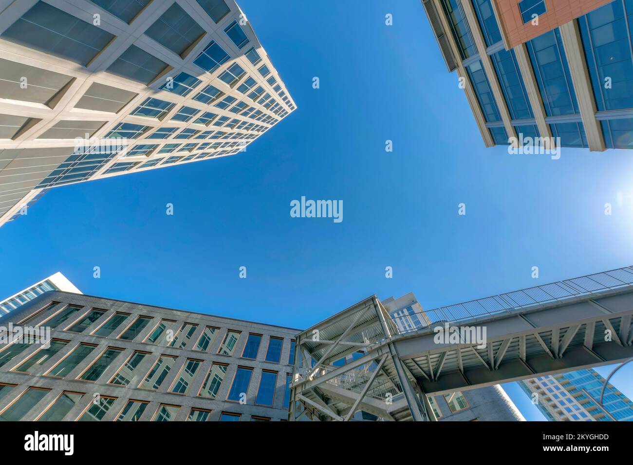 Austin, Texas- Low angle view of buildings with wall grids and tall ...