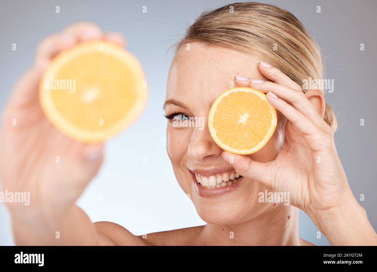Skincare, beauty and orange for woman as natural facial with citrus and ...