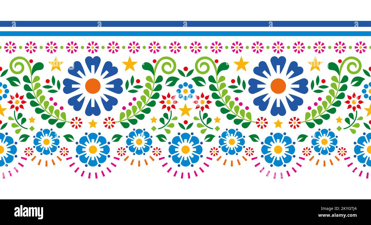 Mexican folk art style vector seamless long horizontal pattern with ...