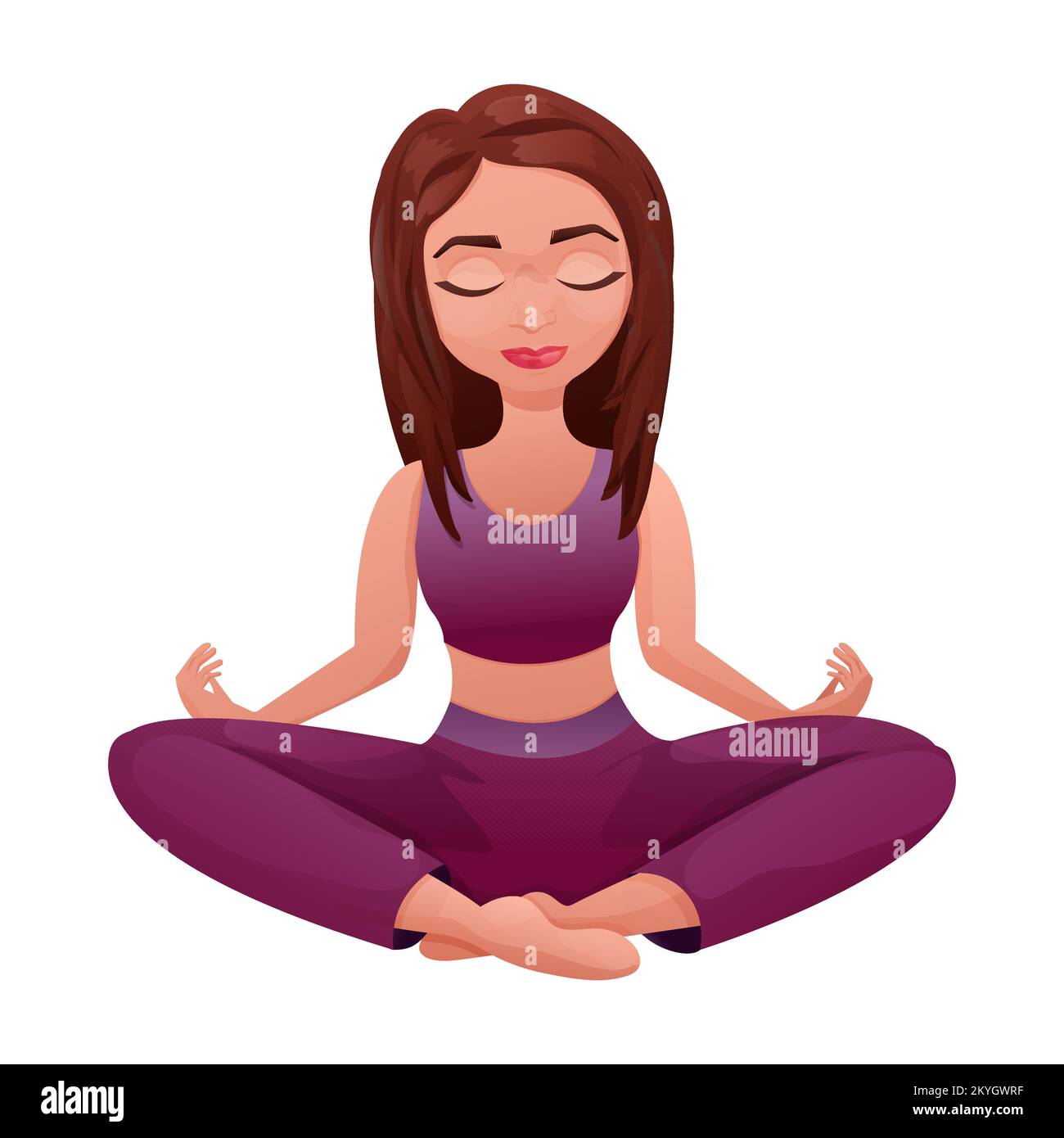 Meditation female character sitting in lotus pose, back view in cartoon ...