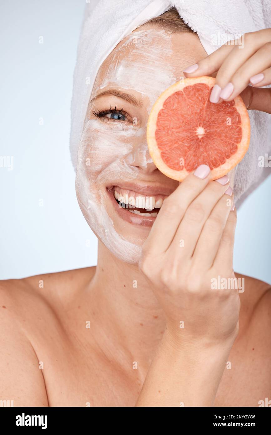 Grapefruit skincare, beauty mask and woman with facial detox, natural ...