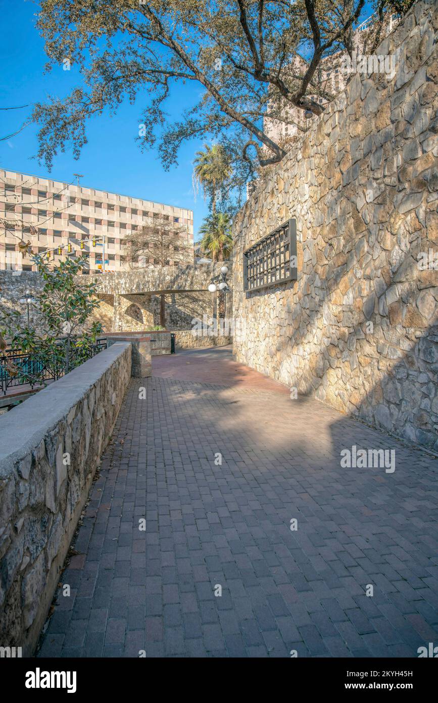 San Antonio, Texas- Bricks pavement near San Antonio River at River ...