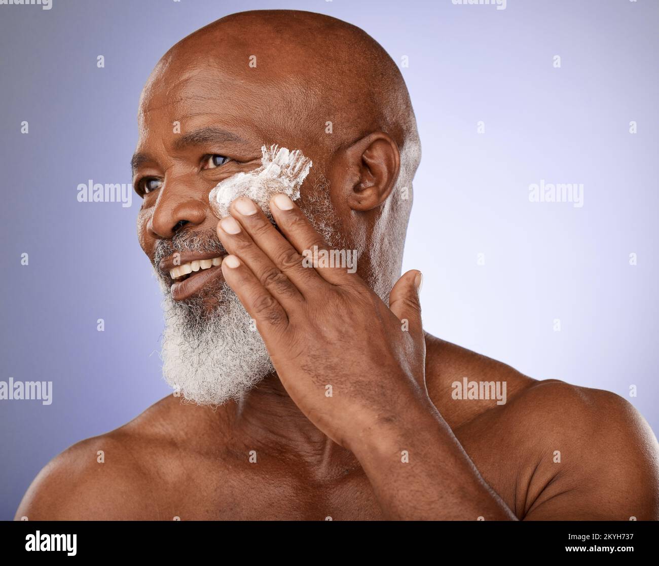 Face, cream and mature man with skincare, sunscreen and anti aging ...