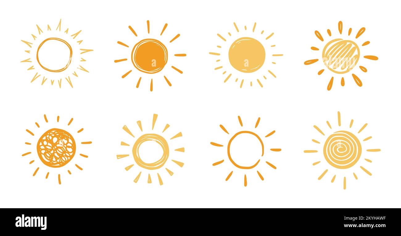 Doodle sun sketch illustration. Hand drawn cute yellow, orange sun set ...