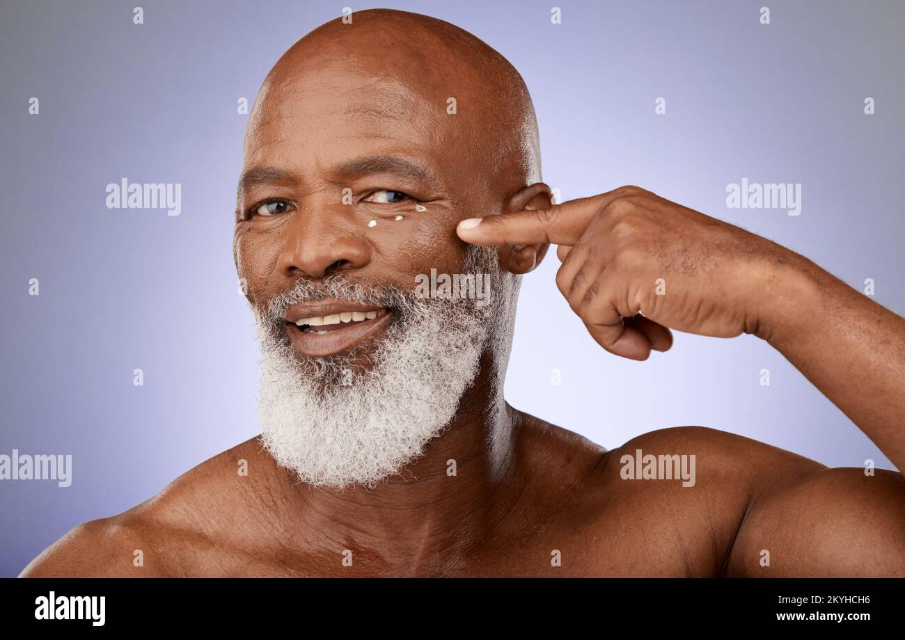 Beauty, cream and senior black man portrait with under eye cosmetic ...