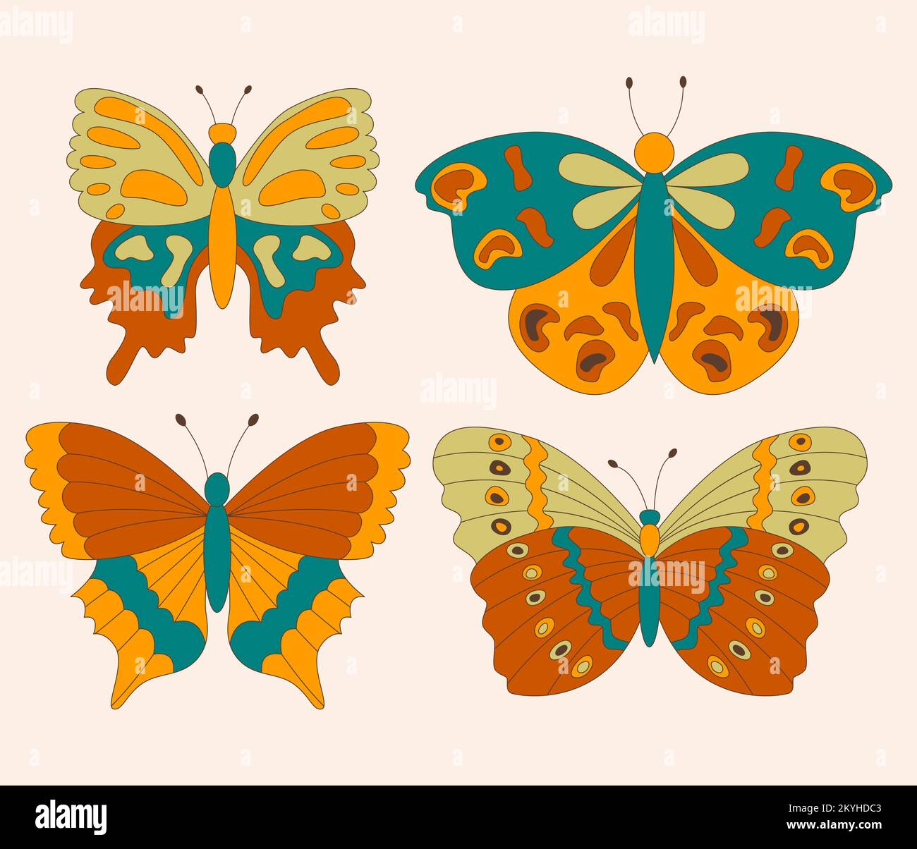Set of retro 60s 70s hippie groovy butterflies for cards, stickers or ...