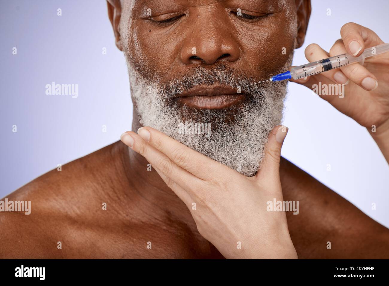 Botox, senior man and needle for skincare, collagen injection and face ...
