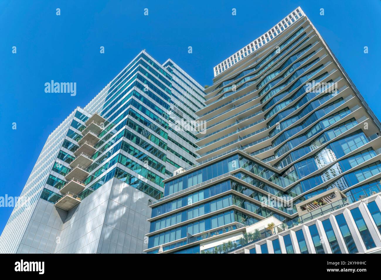 Austin, Texas- Low angle view of a modern high-rise buildings under the ...
