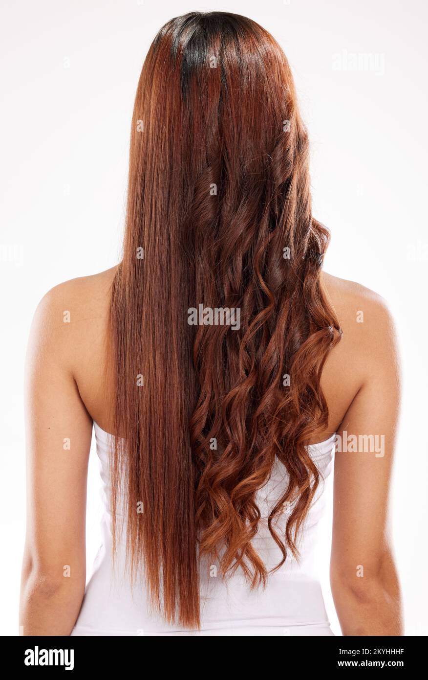 Hair care, beauty and back of woman in studio isolated on a white ...