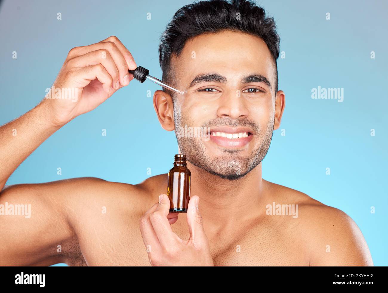 Skincare, health and portrait of man with serum on face for anti aging ...