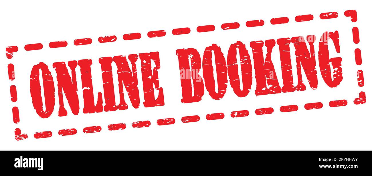ONLINE BOOKING text written on red dash stamp sign Stock Photo - Alamy